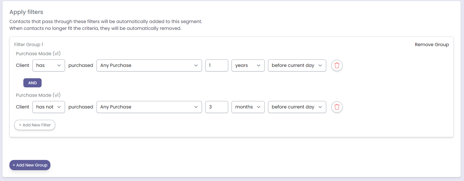 Popular pairings of segments filters within FitDEGREE - LenzVU